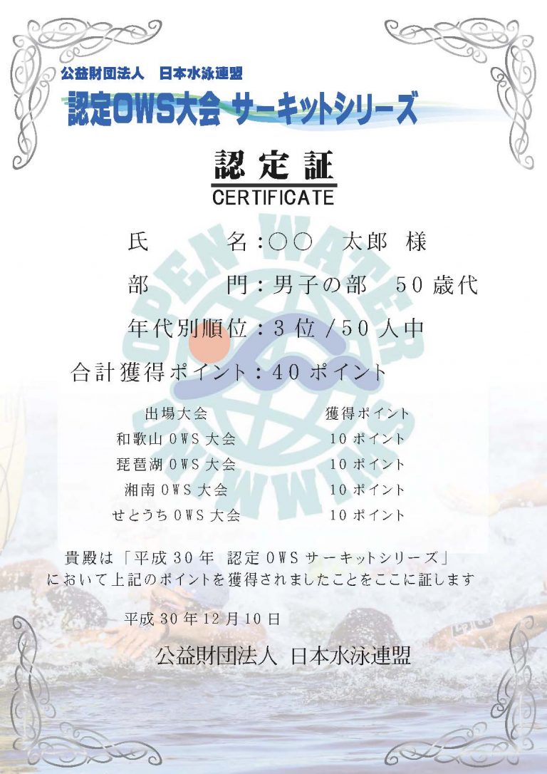 ポイント認定証について | 公益財団法人 日本水泳連盟 認定OWS大会サーキットシリーズ